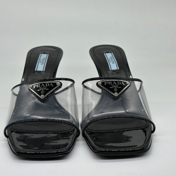 Prada | Shoes | Prada Signature Triangle Logo Pvc Patent Mule Sandals ...